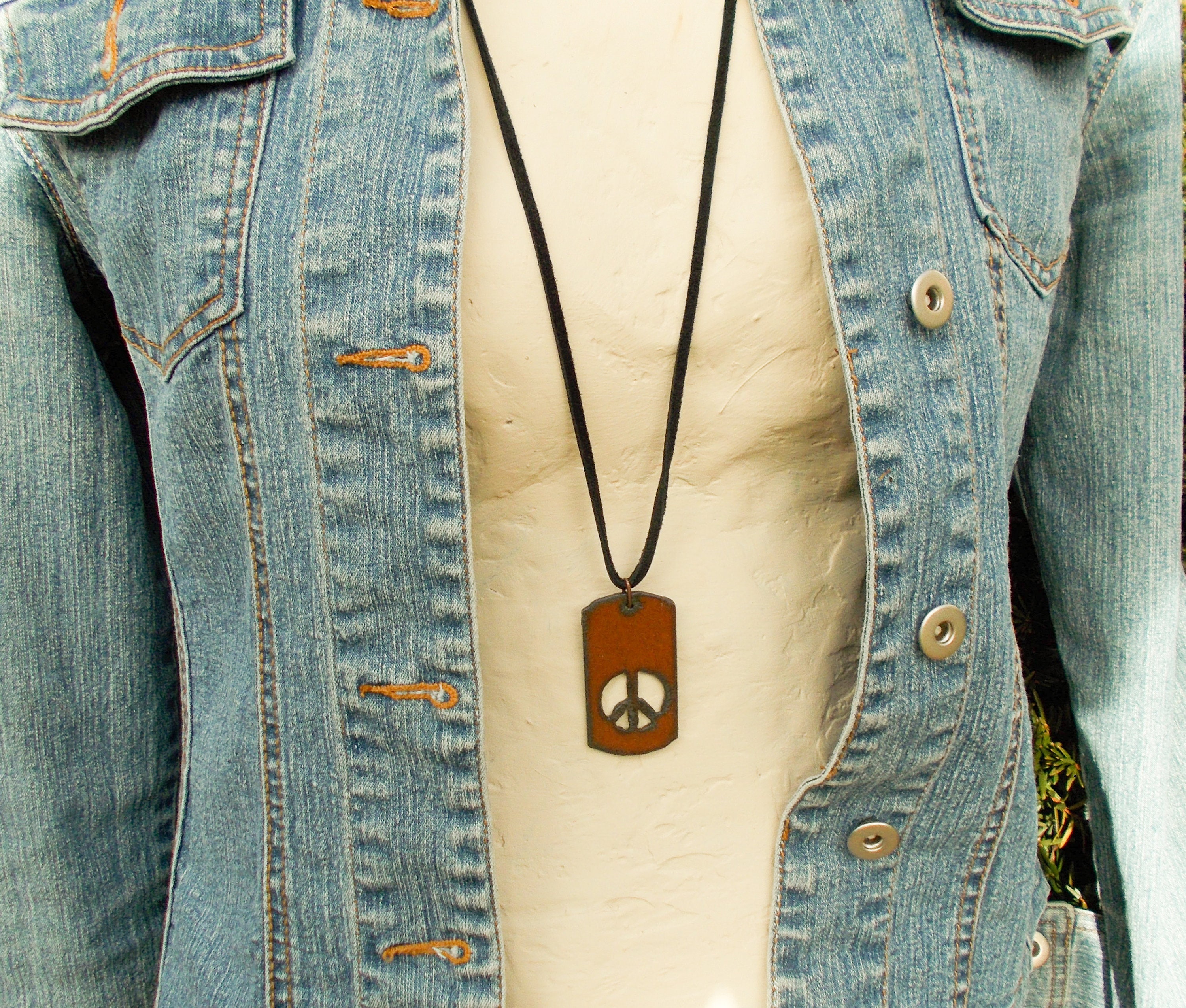 Peace Sign Pendant on Leather or Chain Large Rustic Copper - Etsy