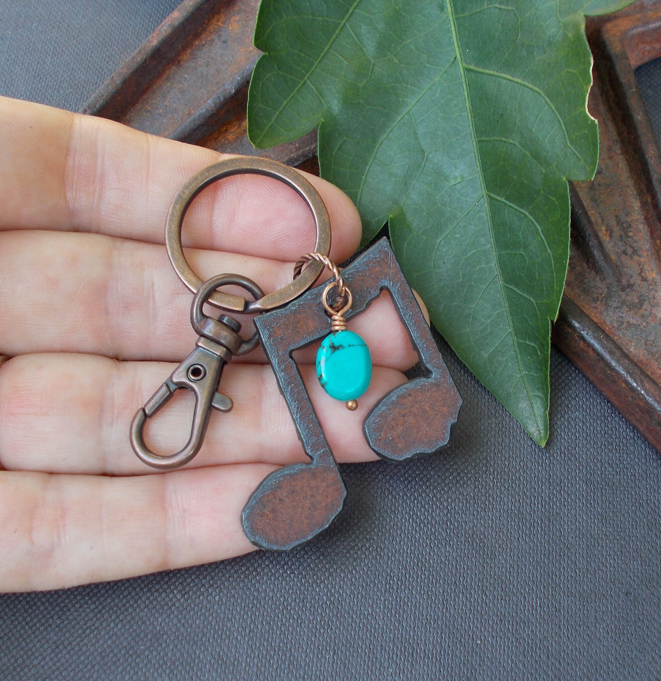 Rustic Music Note & Turquoise Stone Keychain Large Chunky | Etsy