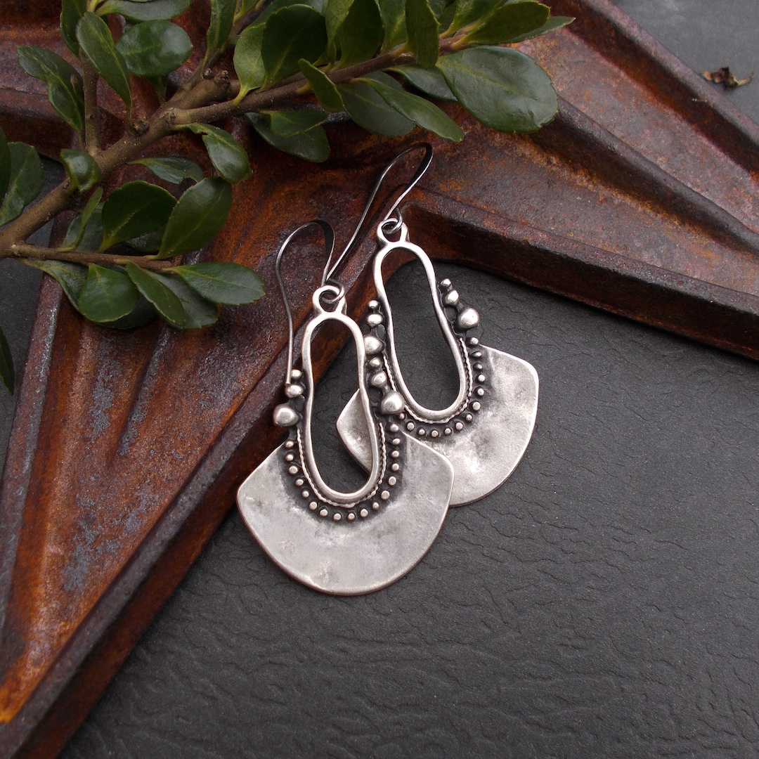 Rustic Silver Earrings, Long Ornate Modern Deco Charms, Gypsy Style ...