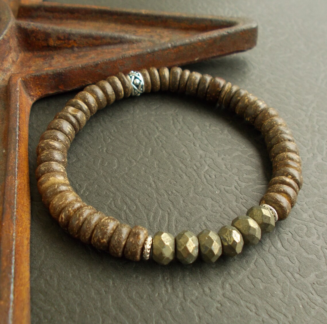 Brown Coconut Shell Bracelet Faceted Pyrite Fool's Gold - Etsy