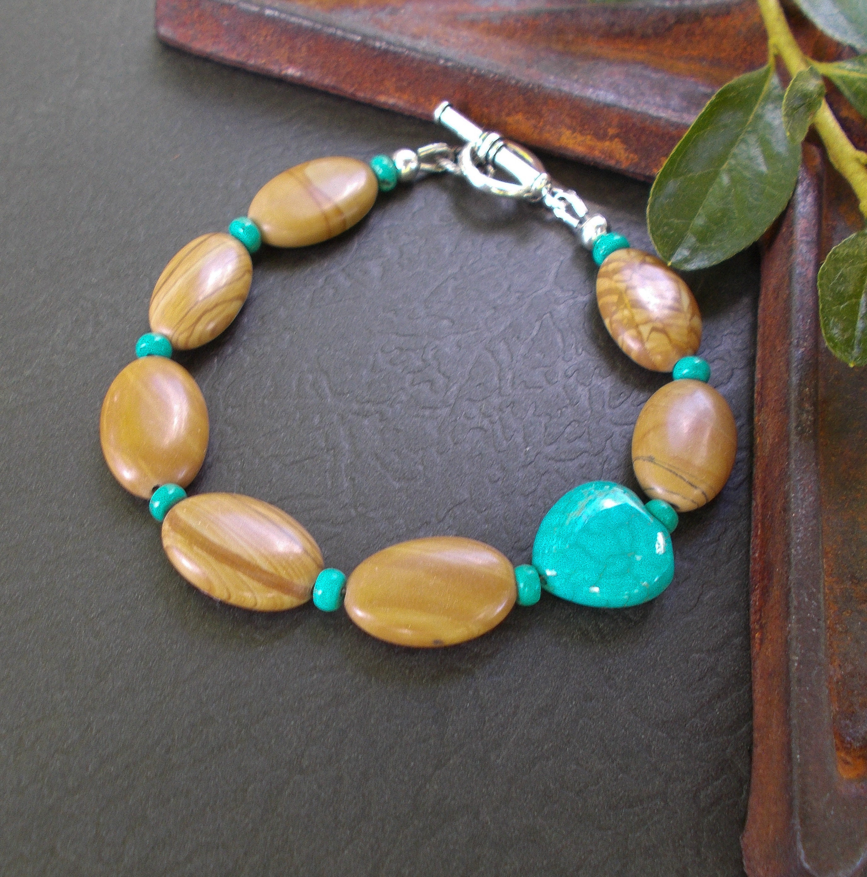 Turquoise & Tigerskin Jasper Stone Bracelet - Etsy
