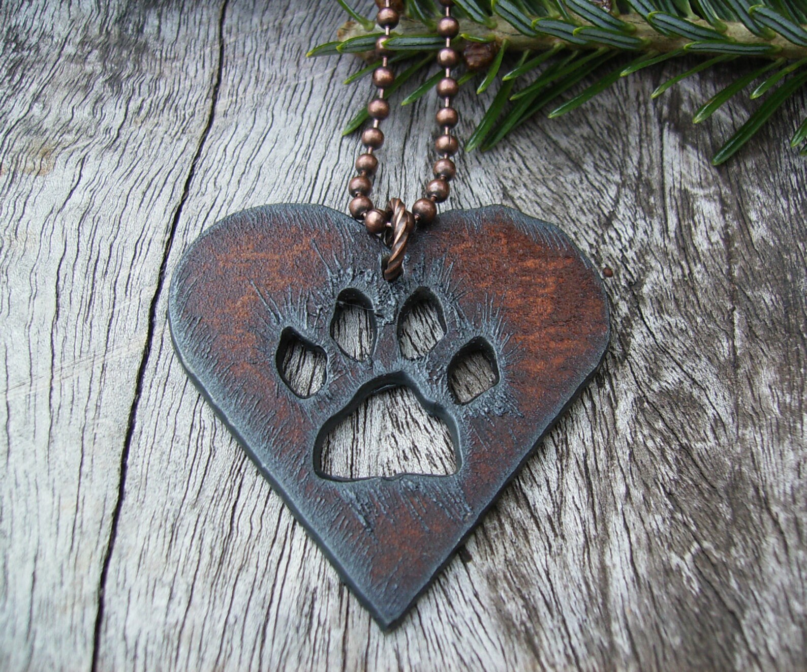 Dog Lover Necklace Large Copper Paw Print Heart Pendant on - Etsy
