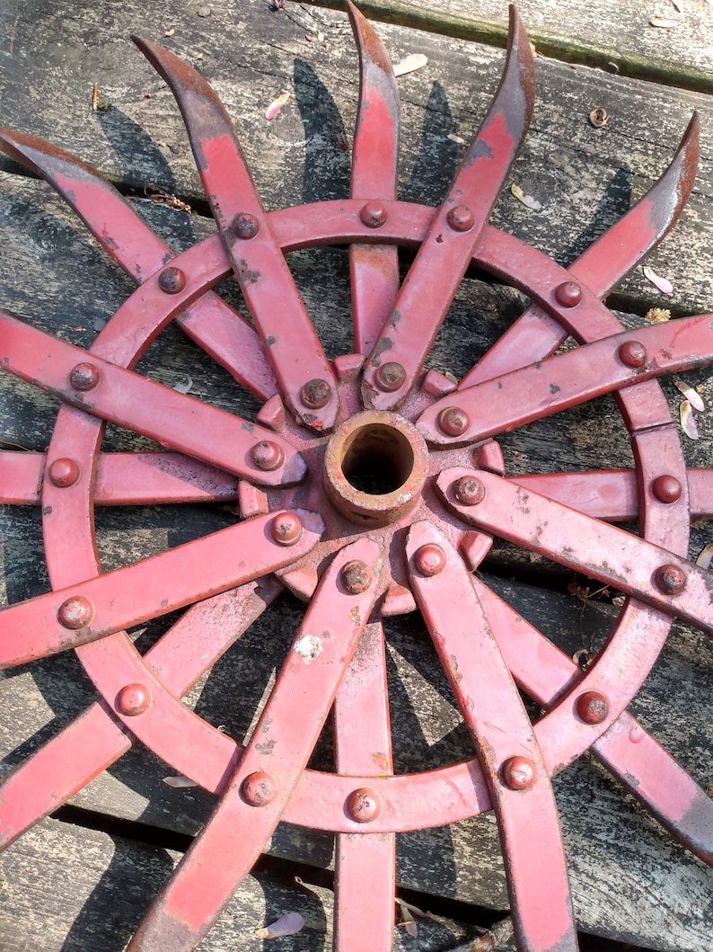Antique Industrial Farm Rotary Hoe Blade Tiller Wheel Steampunk Iron ...