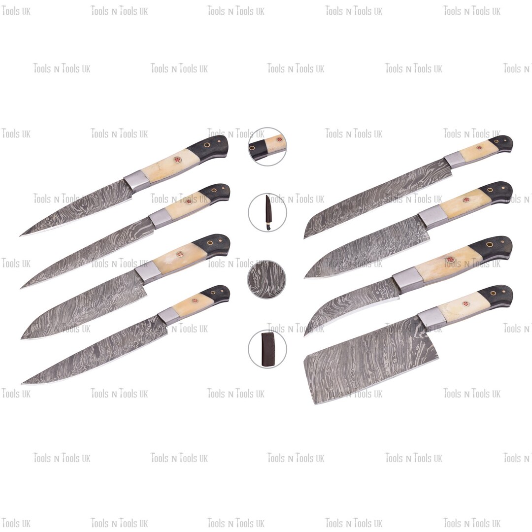 Camel Bone and Black Micarta Set of 8 Pcs Damascus Chef Knife Custom ...