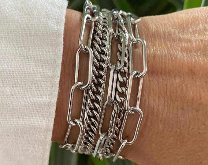 Multi Strands Silver Bracelet for Women - Chunky Layered Silver ...