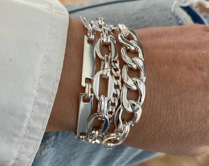 Chunky Multi Strands Silver Bracelet for Women - Multi Layer Mixed ...