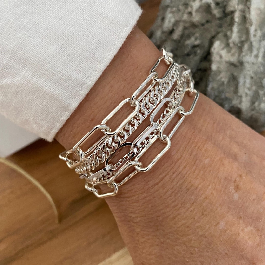 Multi Strands Silver Color Bracelet for Women - Chunky Layered ...
