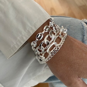 Chunky Multi Layer Silver Bracelet With Heart Charm for Women - Bold ...