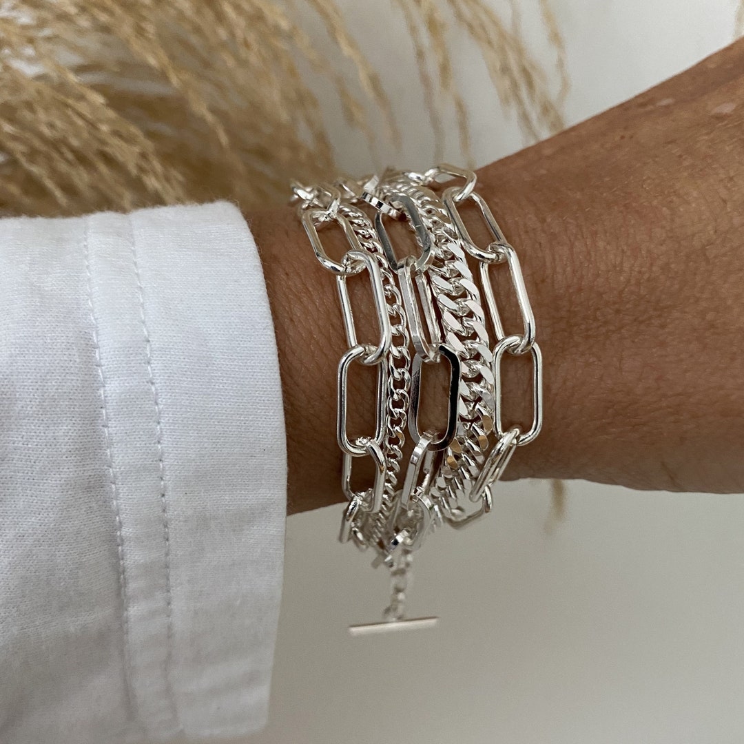 Multi Strands Silver Bracelet for Women Chunky Layered Silver Paperclip ...