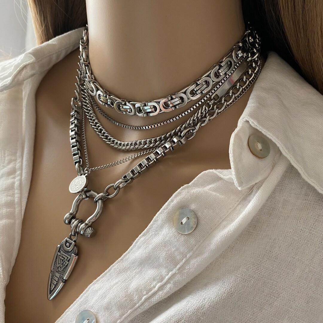 Chunky Multi Layer Silver Necklace for Women in Stainless Steel With ...