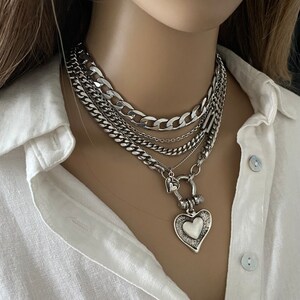 Chunky Multi Layer Silver Necklace for Women in Stainless Steel With ...