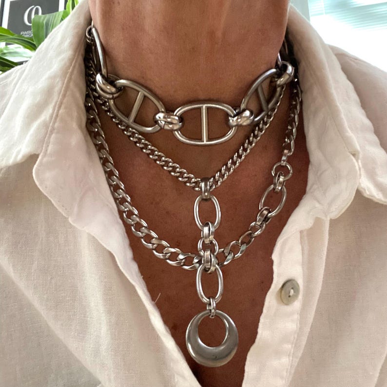 Multi Layer Long Chain Pendant Chunky Necklace in Grey and Shiny ...