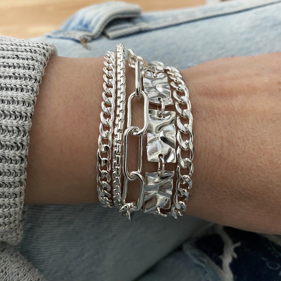 Chunky Multi Layer Bright Silver Color Bracelet for Women Bold Multi ...
