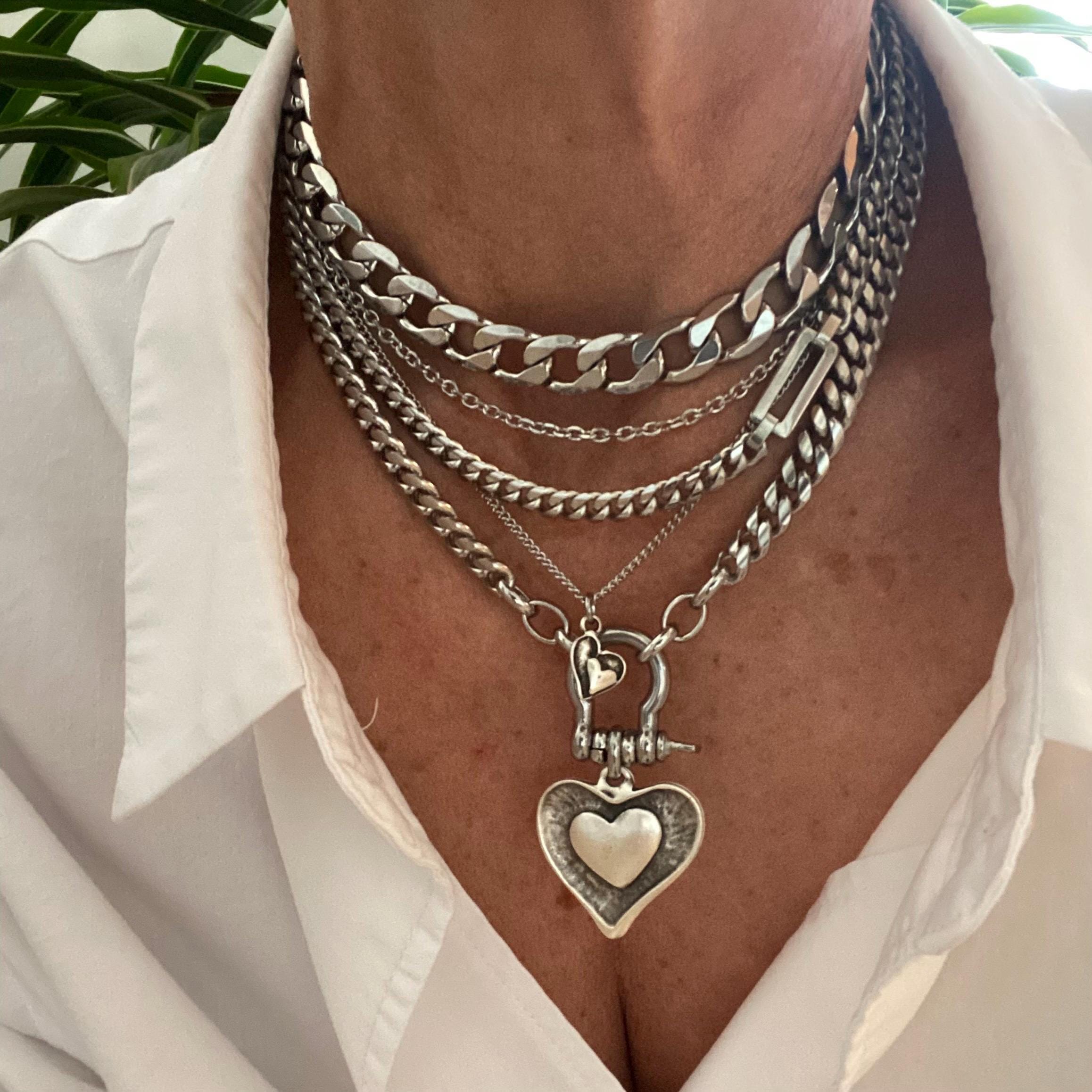 Chunky Multi Layer Silver Necklace for Women in Stainless Steel With ...