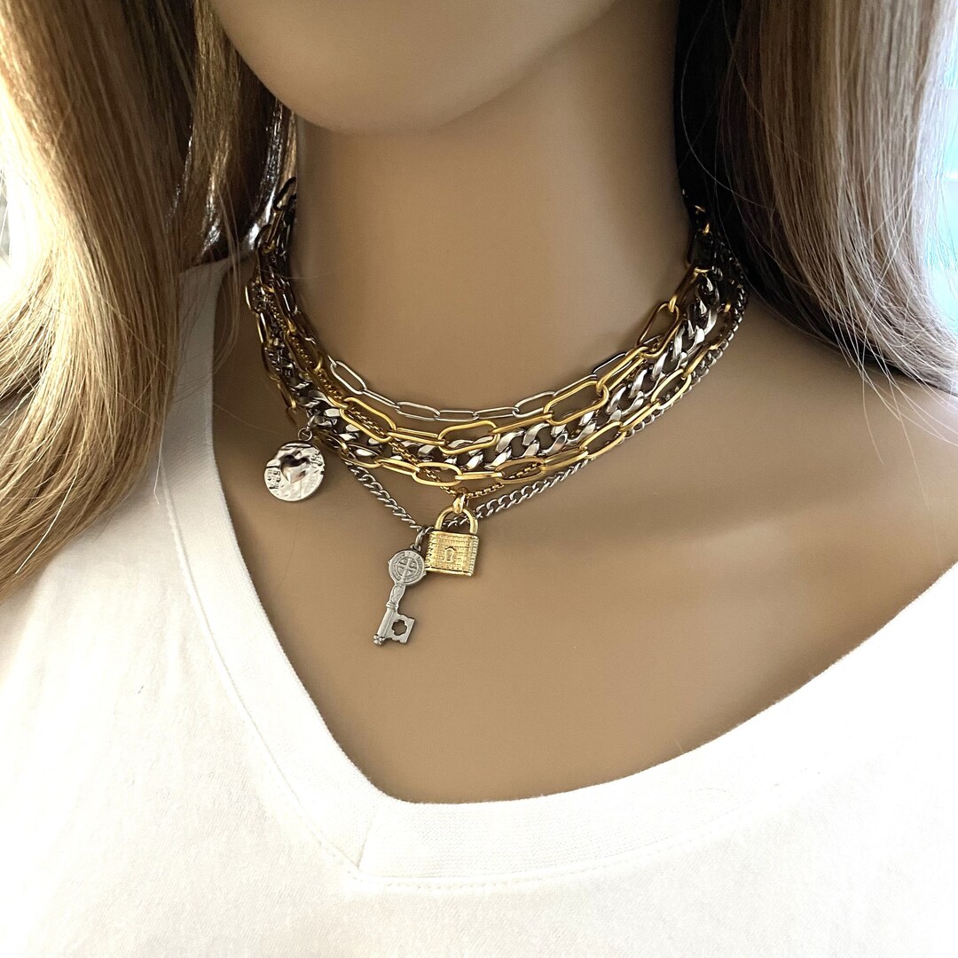 Layered Paperclip Gold and Silver Necklace for Women Padlock and Key ...