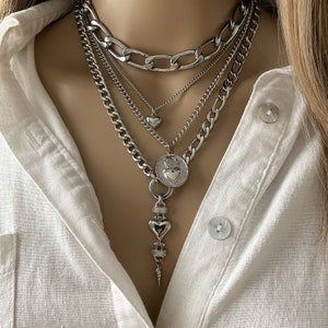 Multi Layer Silver Necklace for Women in Stainless Steel With Multiple ...