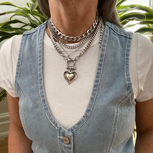 Chunky Multi Layer Silver Necklace for Women in Stainless Steel With ...