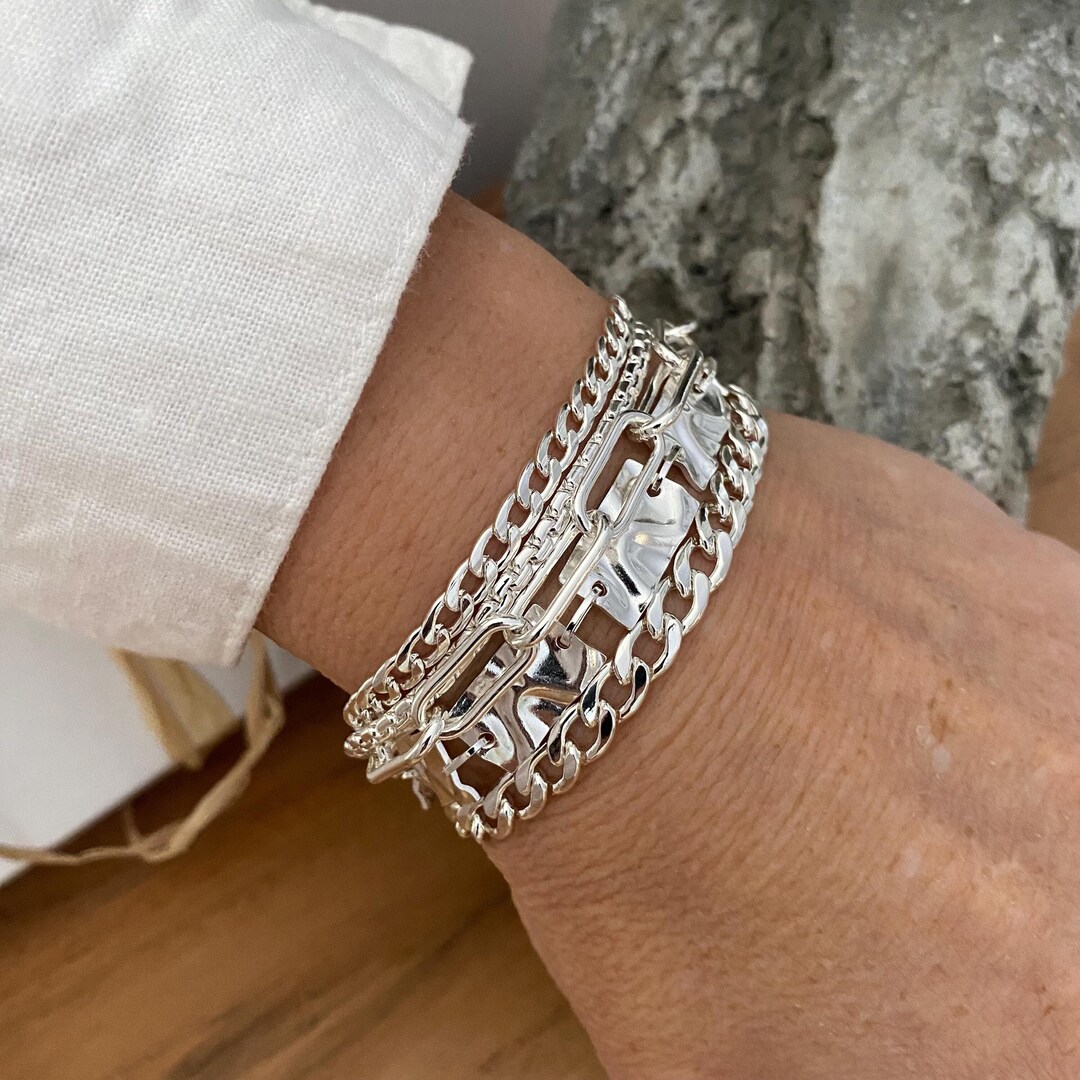 Chunky Multi Layer Bright Silver Color Bracelet for Women - Bold Multi ...