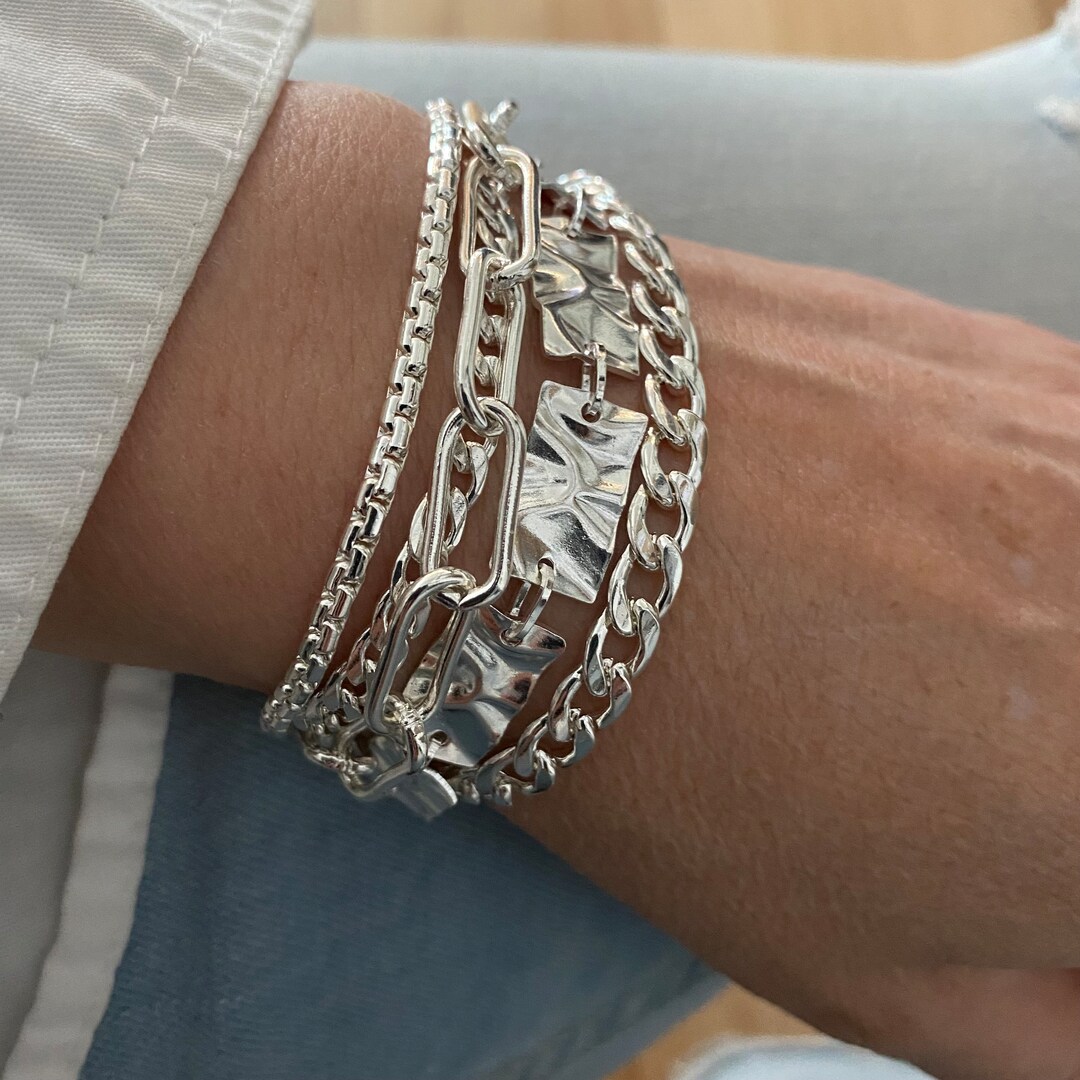 Chunky Multi Layer Bright Silver Color Bracelet for Women Bold Multi ...