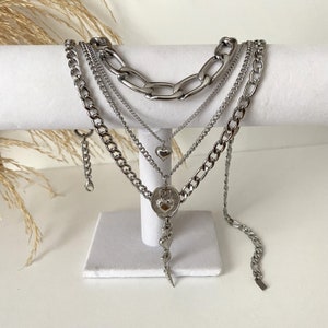 Multi Layer Silver Necklace for Women in Stainless Steel With Multiple ...