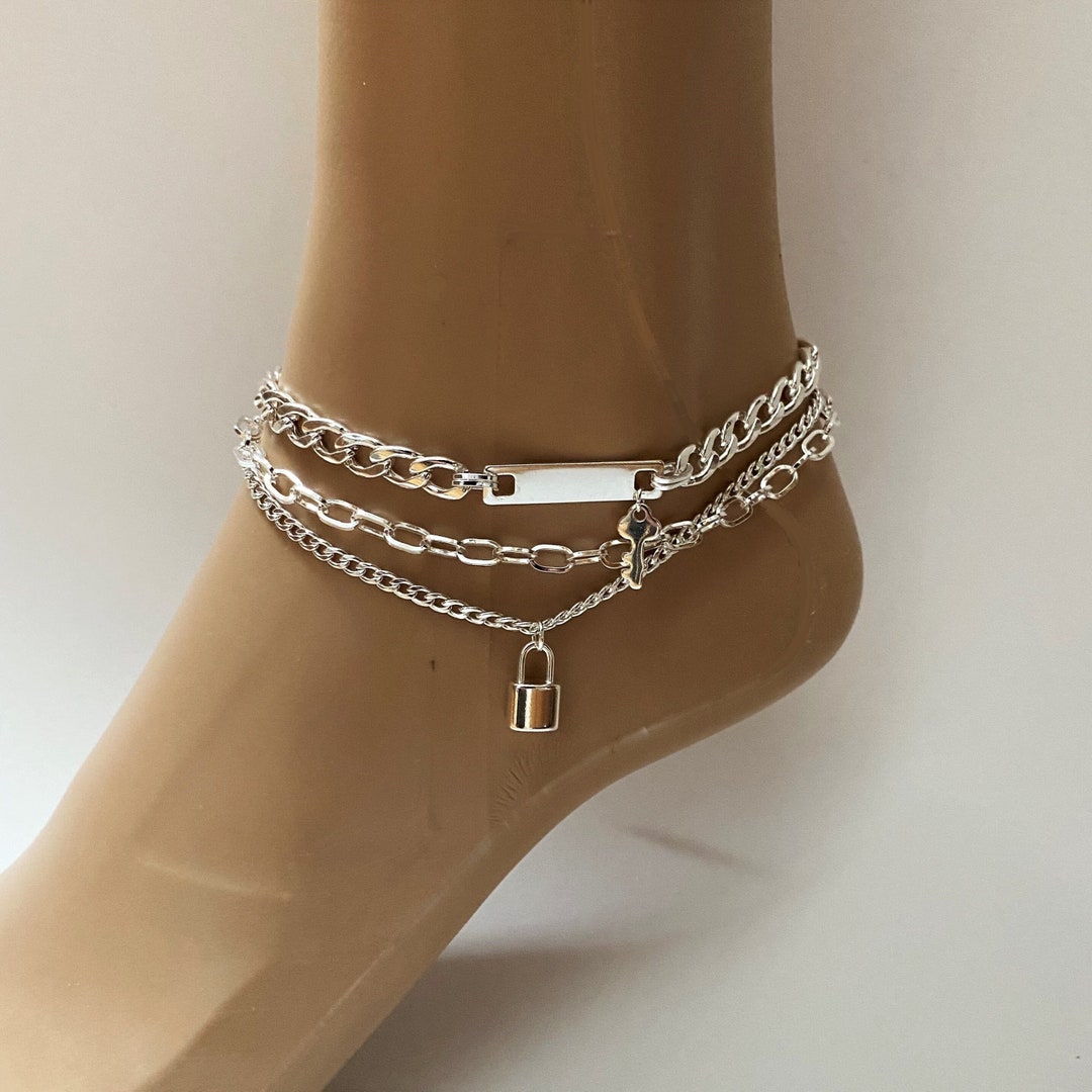 Padlock and Key Charm Silver Ankle Bracelet for Women - Multi Layer ...