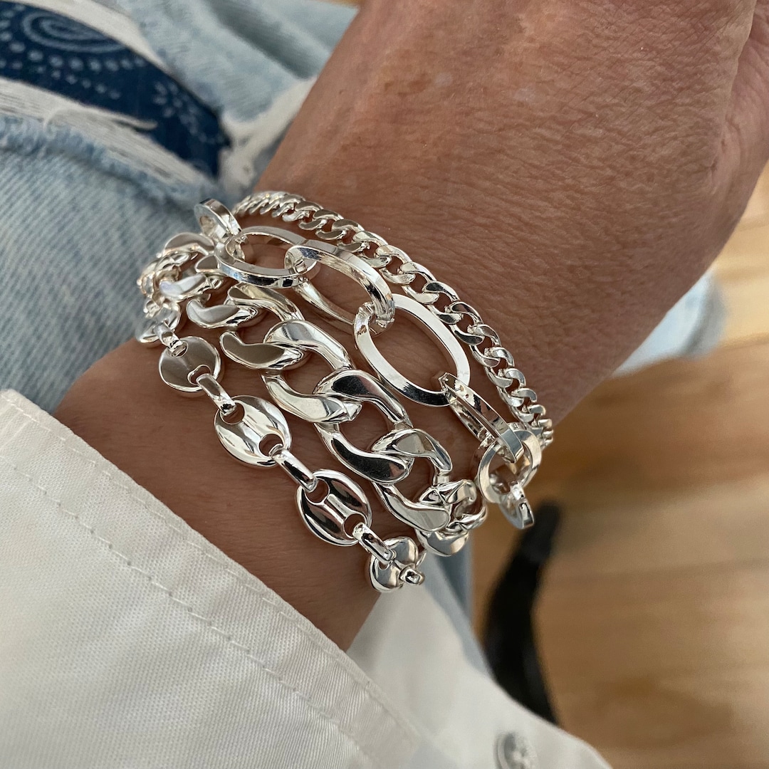 Chunky Multi Layer Silver Bracelet With Heart Charm for Women - Bold ...