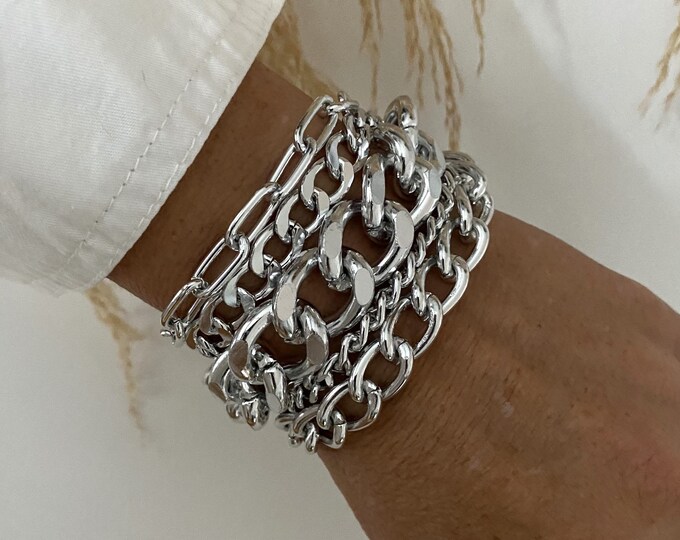 Chunky Silver Aluminum Lightweight Bracelet Multi Strands Bright Silver ...
