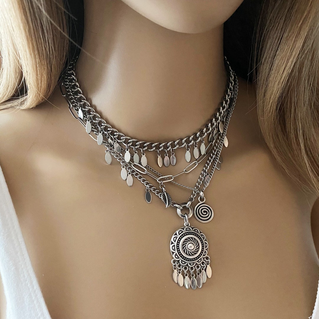 Multi Layer Bohemian Style Charms Necklace in Stainless Steel for Women ...