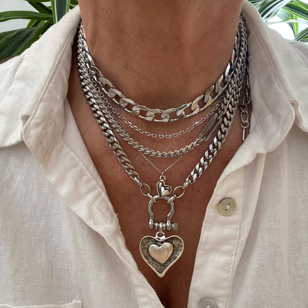 Chunky Multi Layer Silver Necklace for Women in Stainless Steel With ...