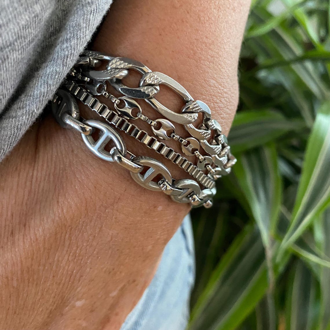 Layered Grey Stainless Steel Oval Link and Coffee Bean Bracelet for ...