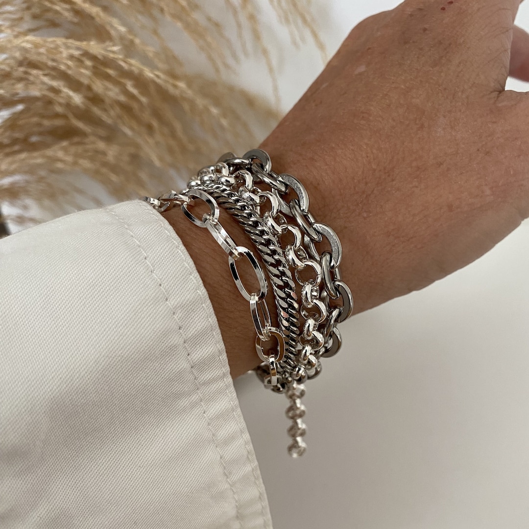 Multi Strand Bracelet for Women 2 Tones Silver Multi Layer Bracelet in ...