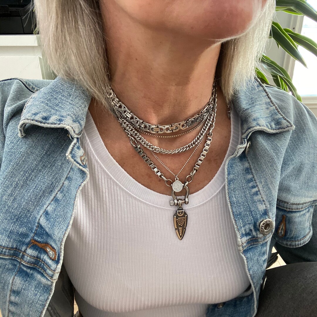 Chunky Multi Layer Silver Necklace for Women in Stainless Steel With ...