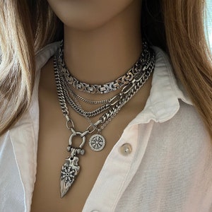 Chunky Multi Layer Silver Necklace for Women in Stainless Steel With ...