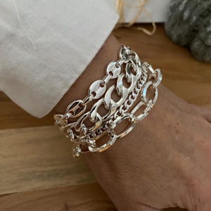 Chunky Multi Layer Silver Bracelet With Heart Charm for Women - Bold ...