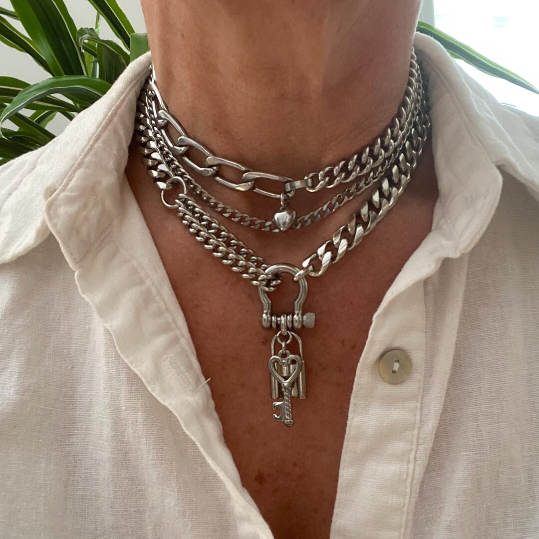 Chunky Multi Layer Silver Stainless Steel Necklace for Women With Heart ...