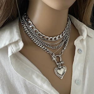 Chunky Multi Layer Silver Necklace for Women in Stainless Steel With ...
