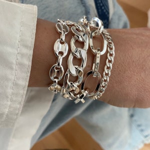 Chunky Multi Layer Silver Bracelet With Heart Charm for Women Bold ...