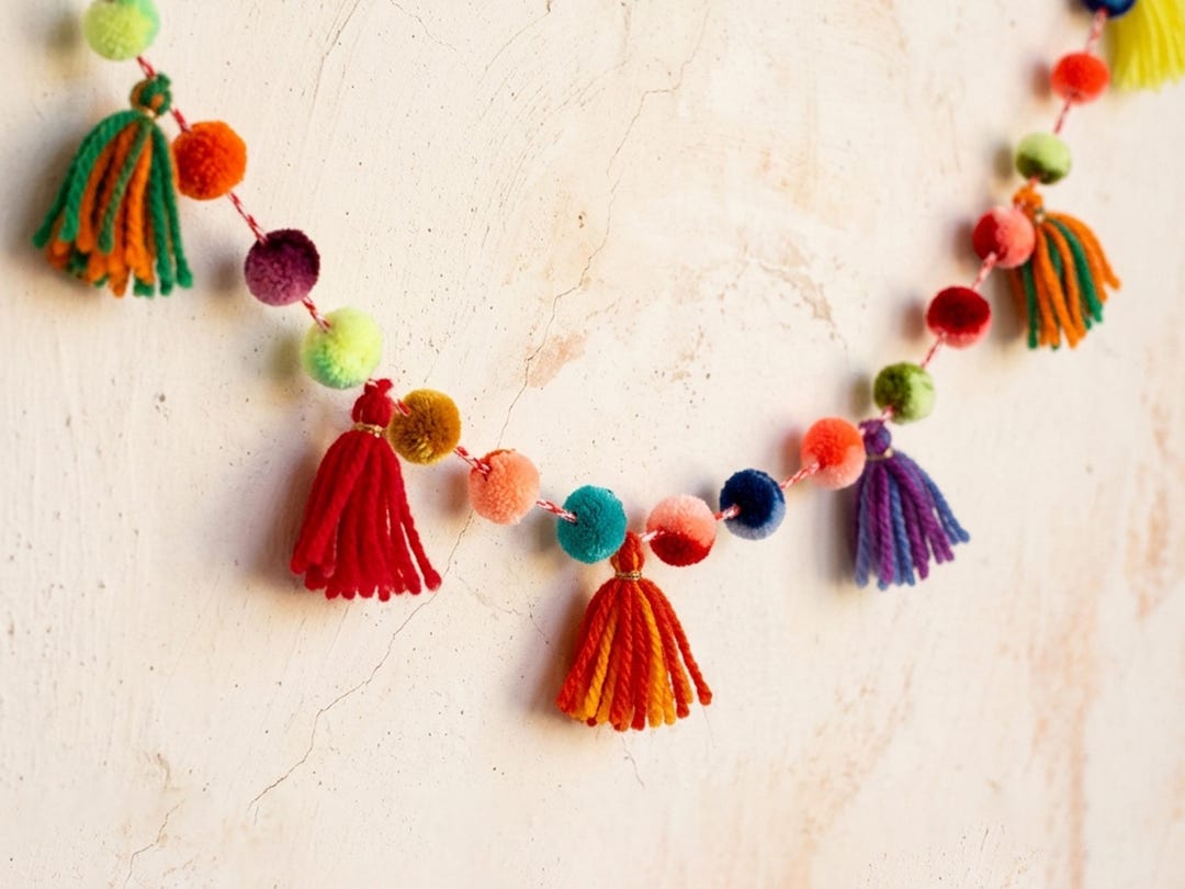 MINI Pom Pom Garland | Colorful Wool Tassel Banner | Boho Wall Decor ...