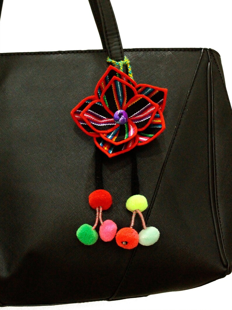 PERUVIAN Fabric Flower Pom Pom Keychain Pom Pom Bag Charm - Etsy