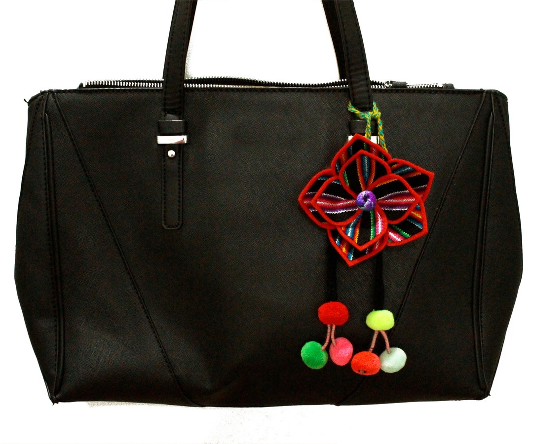 PERUVIAN Fabric Flower Pom Pom Keychain Pom Pom Bag Charm Keychain ...