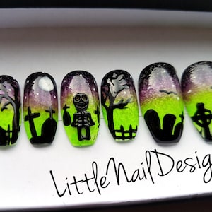 Hand Painted Graveyard Cemetery Skeleton Halloween False Nails Little ...