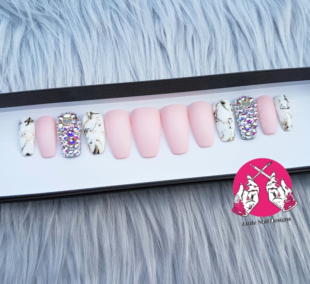 Matte Pink Marble Crystals Hand Painted False Nails | Wedding | Bridal ...
