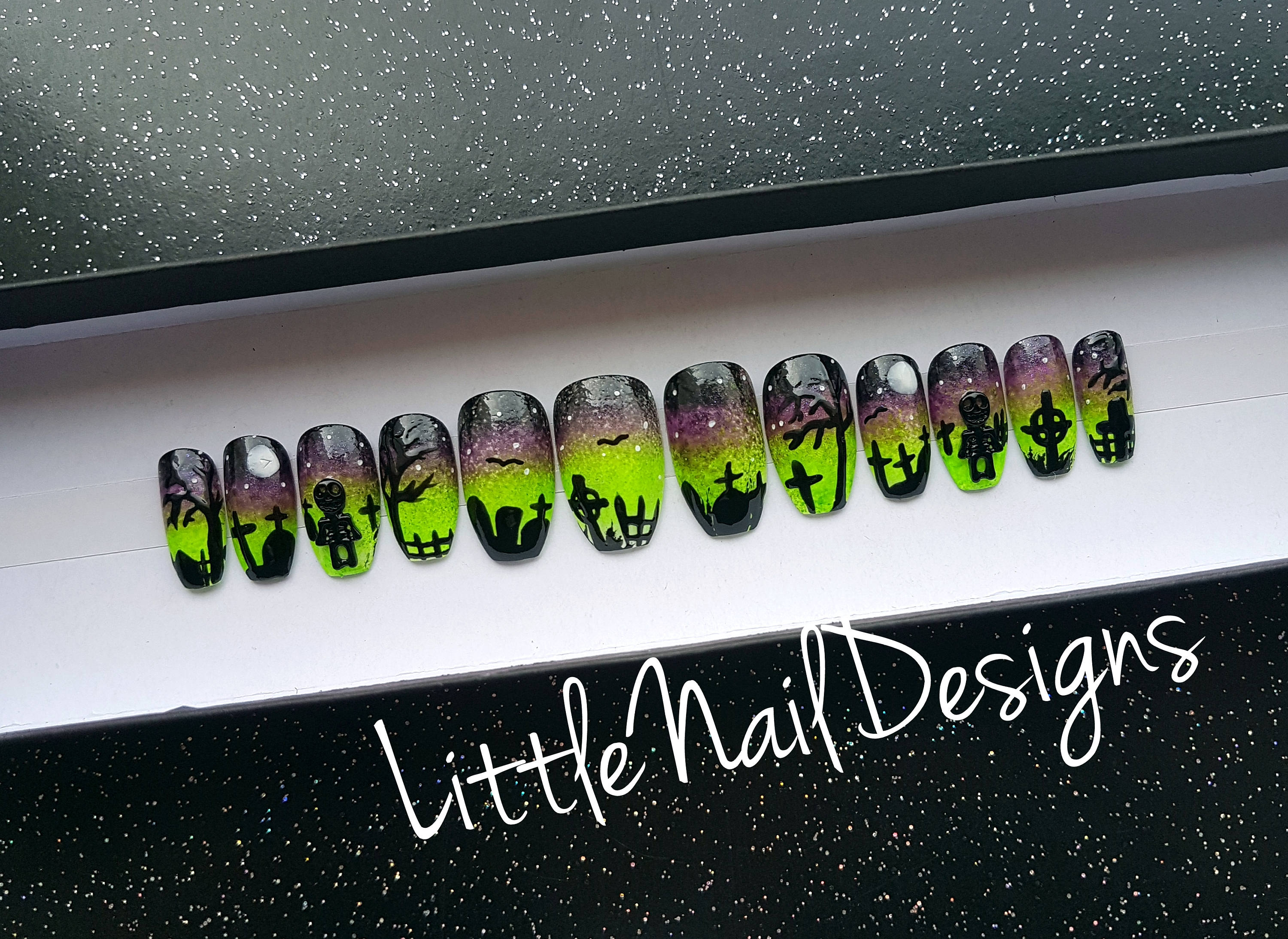 Hand Painted Graveyard Cemetery Skeleton Halloween False Nails | Etsy