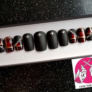 Tartan Matte Black Punk | Leather Look | Press on Hand Painted False ...