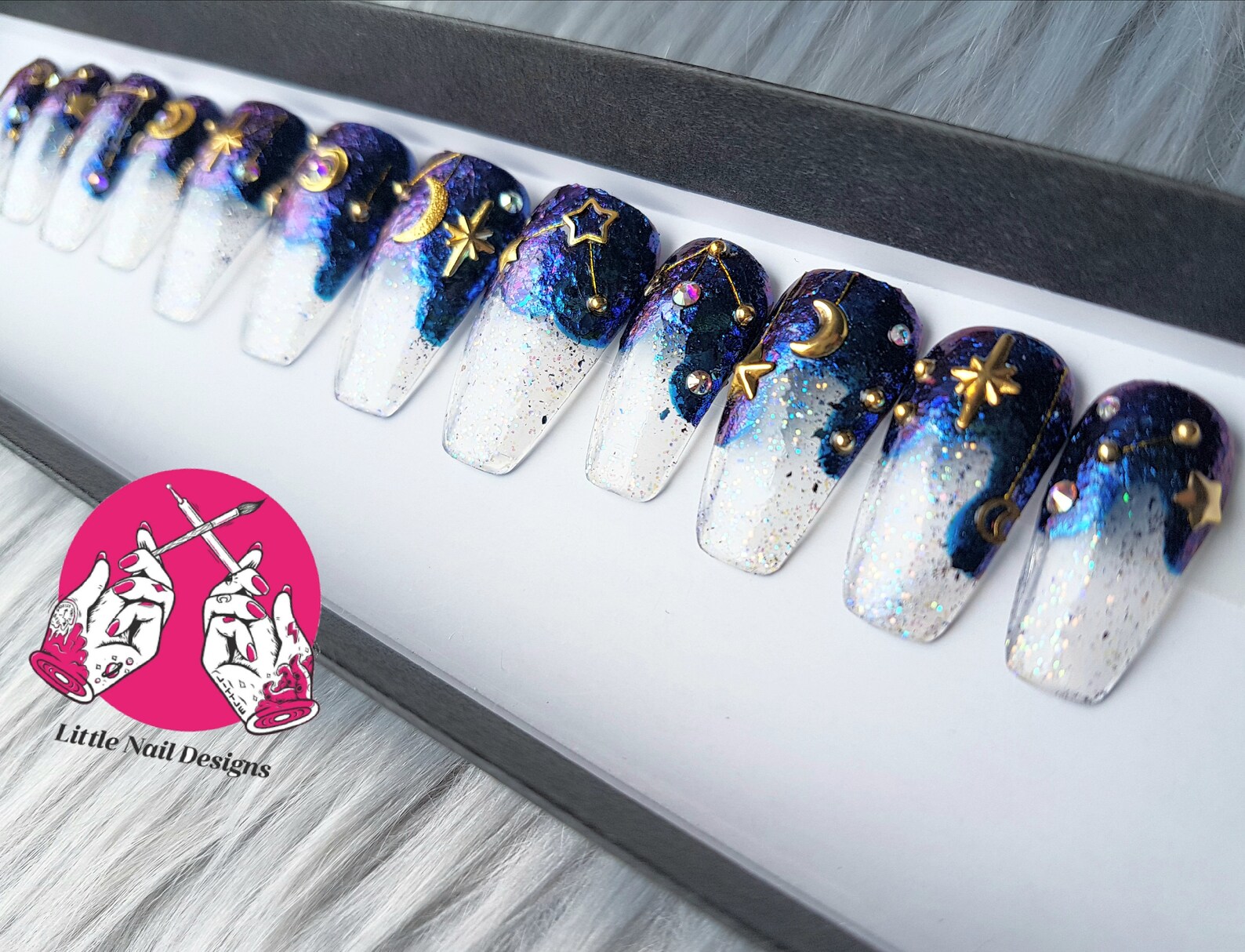 Constellation Moon and Stars Night Sky Hand Painted False Nails Little ...