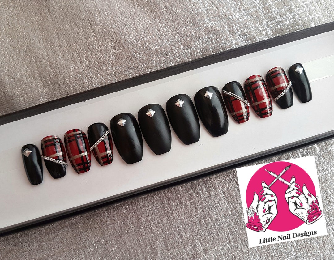Tartan Matte Black Punk | Leather Look | Press on Hand Painted False ...