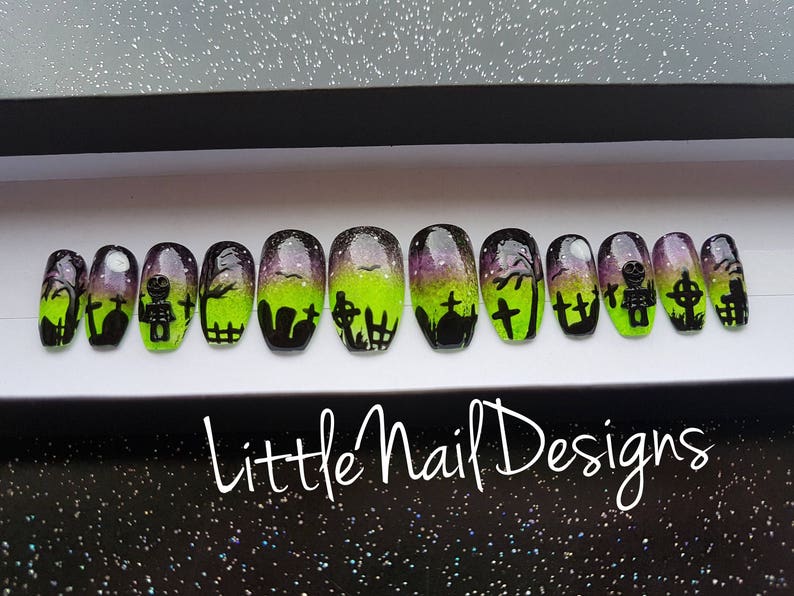 Hand Painted Graveyard Cemetery Skeleton Halloween False Nails - Etsy