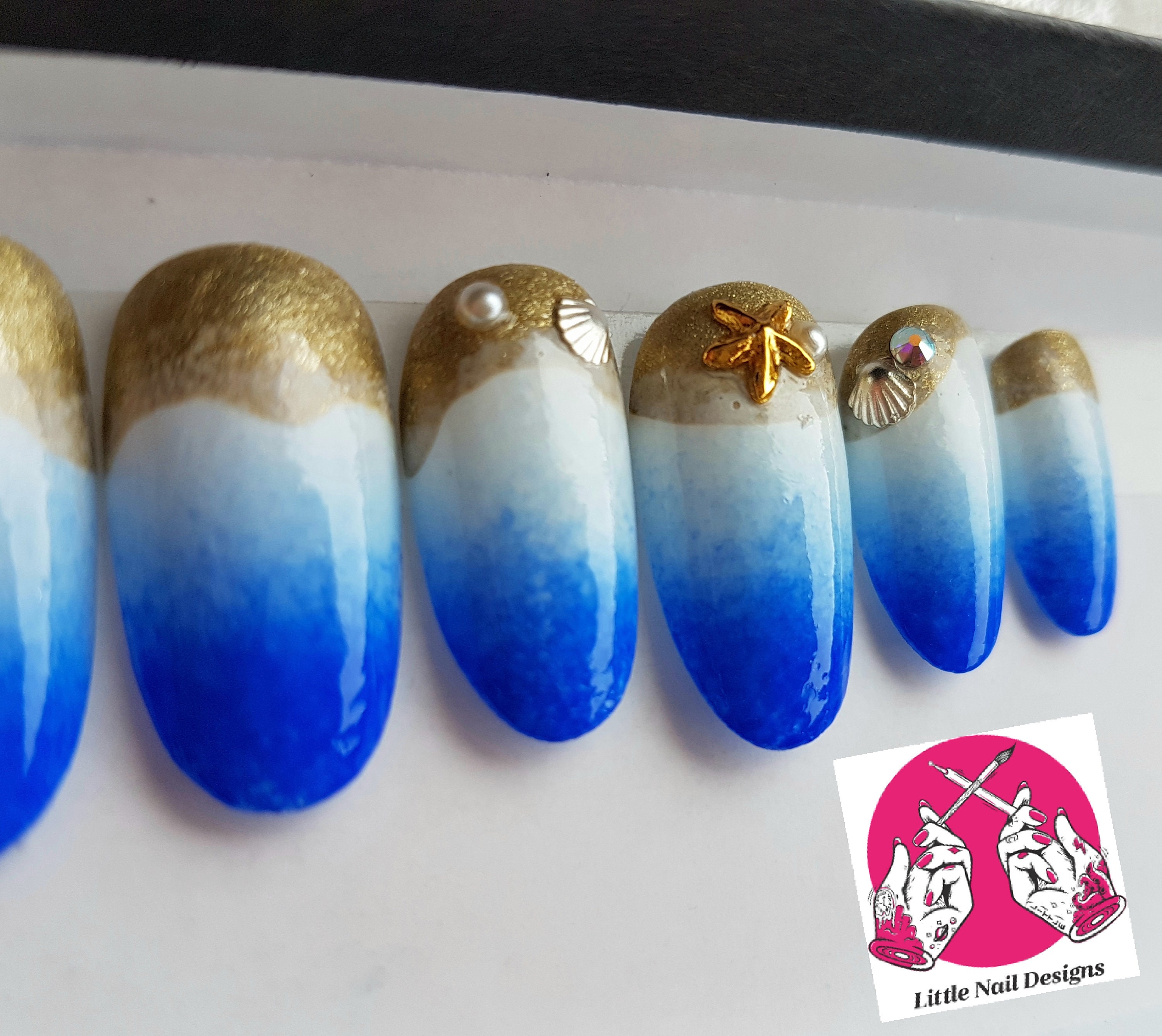 Beach Seaside Ocean Sea Shells Sand Hand Painted False Nails | Little ...