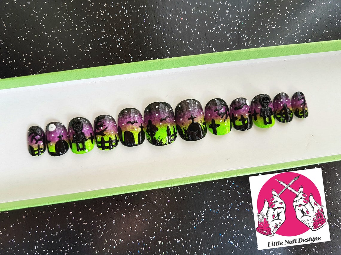Hand Painted Graveyard Cemetery Skeleton Halloween False Nails - Etsy
