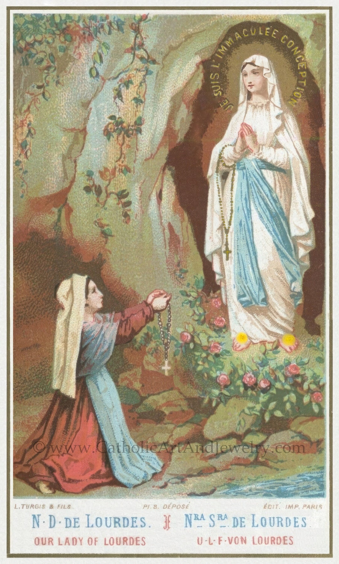 Bernadette and Our Lady of Lourdes – Based on a Vintage Holy Card – Catholic Art Print ...